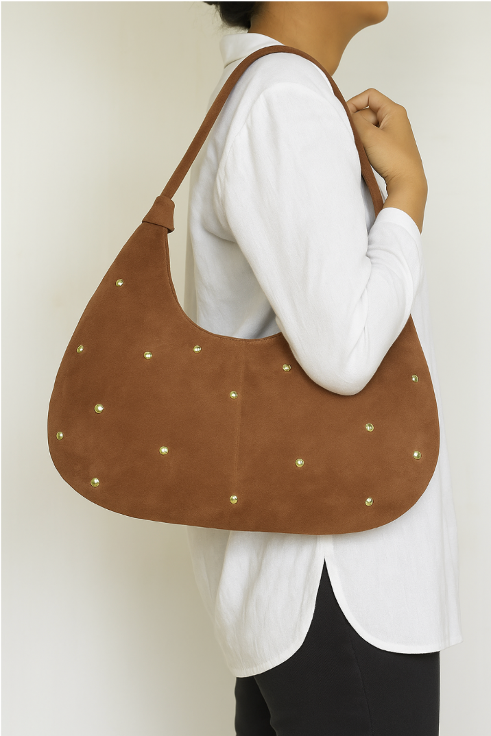 Valentina Suede Studs & Eyelet Crescent Bag – Corder London